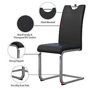 HAIZAO Dining Table Set for 2, Modern Round Tempered Glass Top Table and PU Leather Chairs for Dining Room, Small Living Room, Kitchen, Plain Back, Black with Silver Base