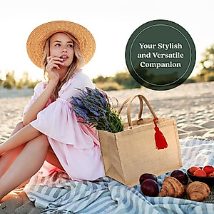 Jute Tote - 17" x 13" x 7" Multipurpose Lined Burlap Bag - Beautiful Design & Color - Lunch, Beach, Market, Bridesmaid, Gift, Mama Tote