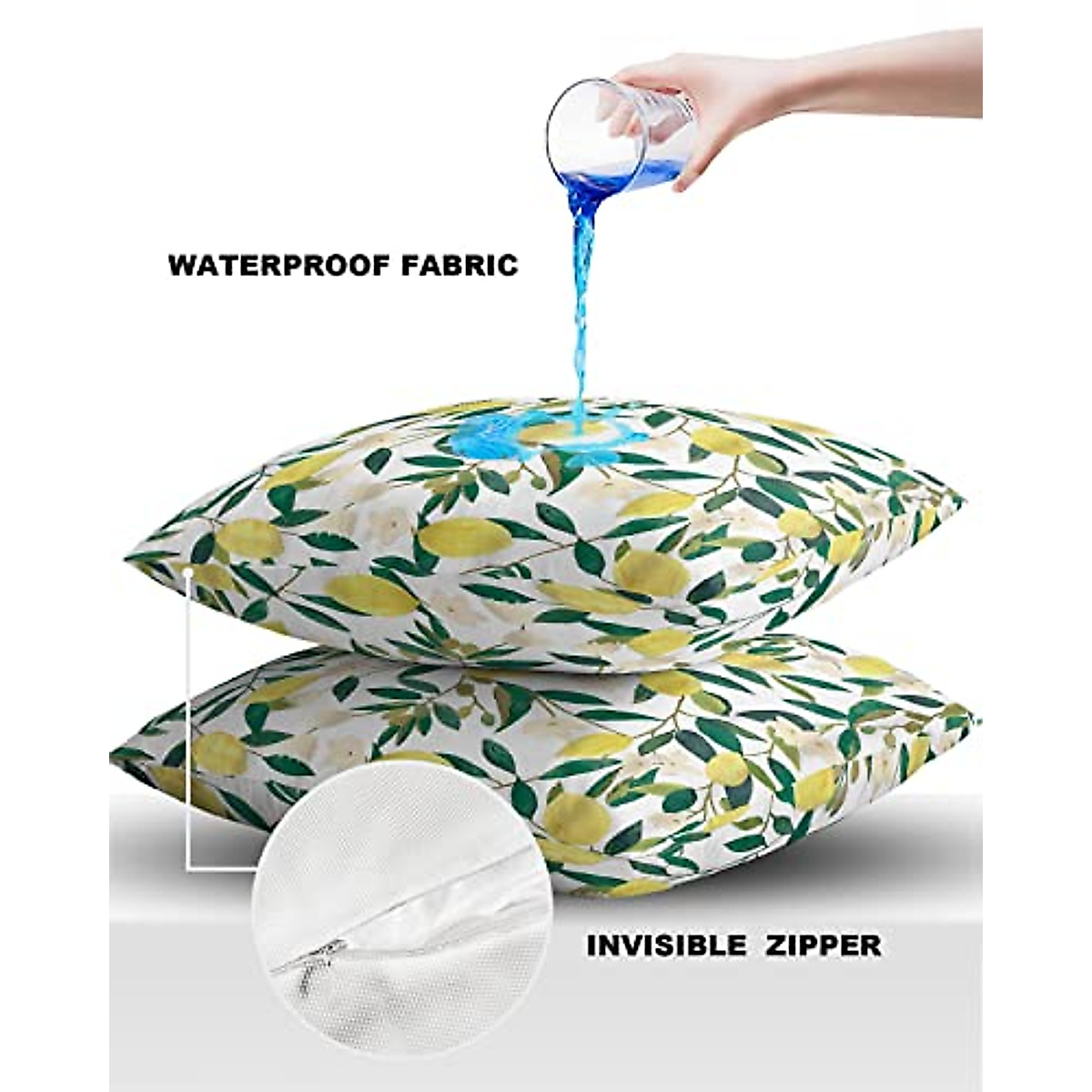 Waterproof Outdoor Throw Pillow Cover Yellow Lemon Fruits Lumbar Pillowcases Set of 2 Green Leaves Plant Decorative Patio Furniture Pillows for Couch Garden 18x18 inch
