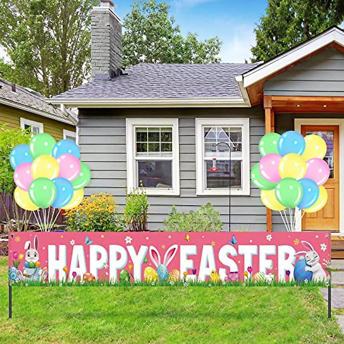 36 Pcs Happy Easter Banner and Balloons Decorations Set Large Fabric Happy Easter Yard Sign Banner Outdoor Spring Easter Themed Party Banner 35 Pcs Latex Balloons for Home Party Decoration 18 x 118 ft