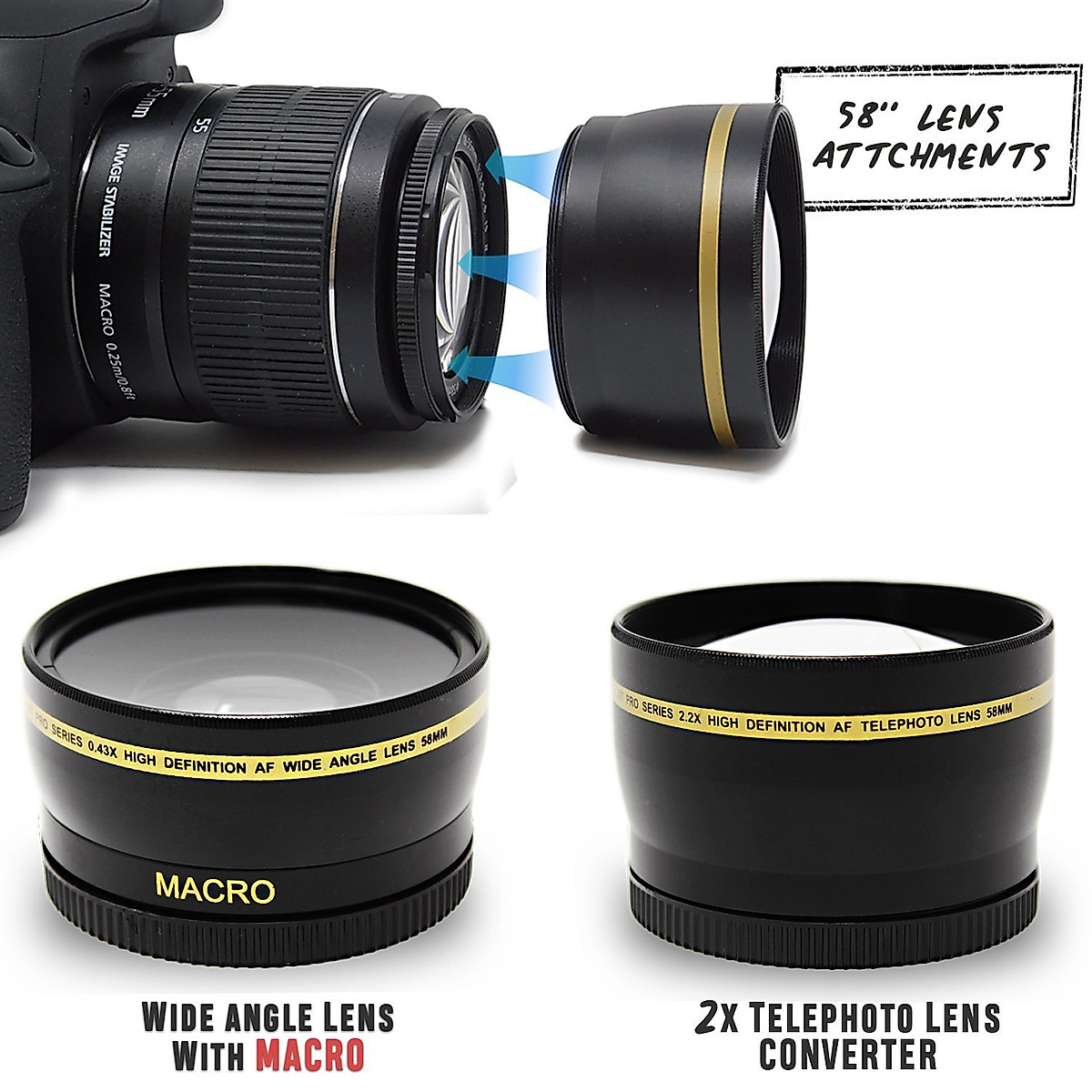 Canon EOS Rebel Accessory Kit - 58mm Lens Filter Set for T7i, T6i, T6S, T5i, T5, T4i, T3i, T3, T2i, EOS 80D, 70D, 77D, 60D, 5D, 5D Mark III, 1200D, 1100D, 100D, SL1, M3, M2, M, Xsi, XTi, XT