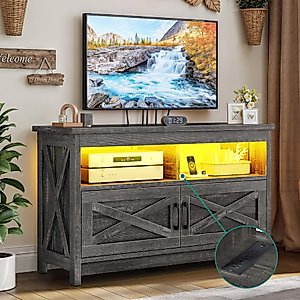 YITAHOME Farmhouse TV Stand with LED Light and Power Outlet, TV Media Console for up to 40 Inch TV, Rustic Entertainment Center Table TV Cabinet for Living Room, Dark Grey, 35'' Wide