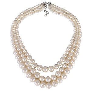 Kalse 3 Layers Strand Simulated Pearl Strand Bib Pendant Choker Chain Necklace (3 Strands)