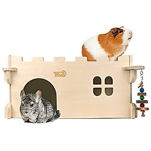Castle Chinchilla House - Small Animal Hideout for Chinchilla Guinea Pig Hedgehog, or Rat - Ventilated Wooden Guinea Pig Hut Habitat with Multiple Doors (Large)
