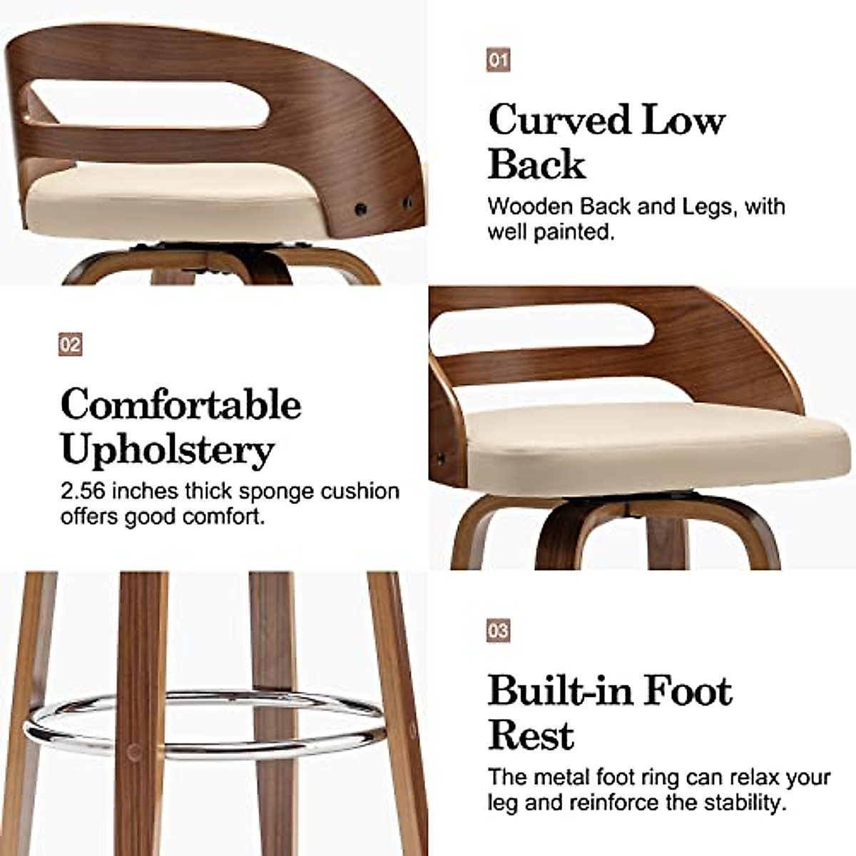 Bar Stools Set of 2, Swivel Bar Height Stools with Walnut Bentwood, Low Back, Upholstered Faux Leather, Soft Cushion Seat, Mid Century Bar Stools for Kitchen/Island/Counter (Beige, 25" Seat Height)