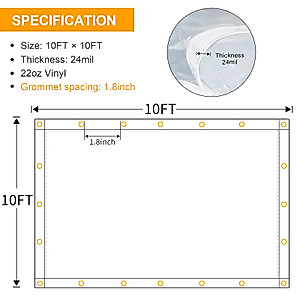 10 x 10FT Outdoor Clear Tarp Curtain Waterproof Wind-Proof 24 Mil Transparent Vinyl Tarp for Patio Pergola Garden Canopy Rainproof Anti-Tear PVC Thick Cover with Grommets
