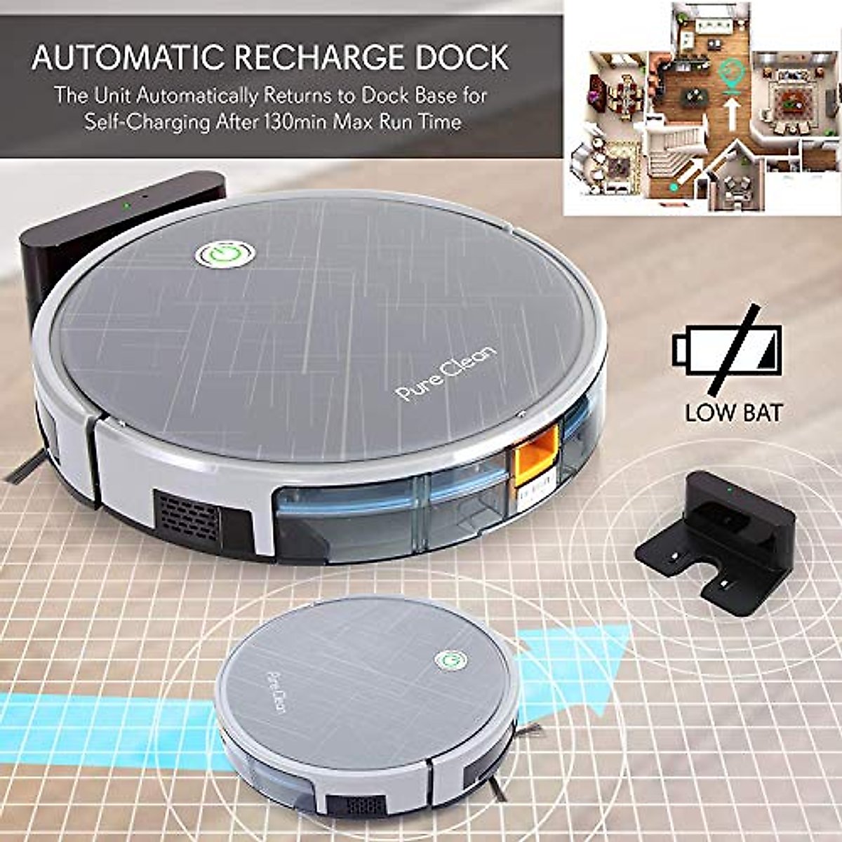 Smart Gyroscope Robot Vacuum Cleaner - Multiroom Navigation Mobile App Control and Alexa Compatible - Auto Charge Dock, 3 Step Air Filter - Cleans Hardwood and Carpet Floor - Pure Clean PUCRC660