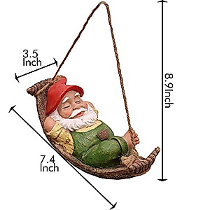 TERESA'S COLLECTIONS Cute Garden Gnomes Decorations for Yard Hanging Statues Outdoor Gifts, Sleepy Gnome in Swing Leaf Hammock Resin Tree Ornaments Figurines for Stump Branch Lawn Patio Decor, 7.4"