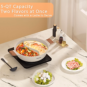 Dezin 5-QT Double-flavor Shabu Shabu Pot with Divider, Dual Sided Nonstick Hot Pot, 12 Inch Divided Stockpot for Cooking, Hotpot Pot for Induction Cooktop, Gas Stove & Hot Burner, Soup Ladle Included