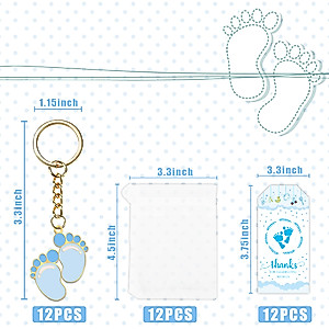 BUYWUMORE 12 Sets Baby Shower Favors for Boy Blue Footprint Keychain Gifts with White Organza Bags and Thank You Tags for Oh Baby It's a Boy Baby Shower Party Decorations Supplies(Boy)