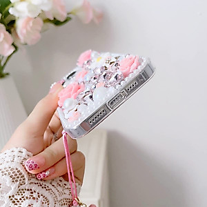 Changjia for iPhone 13 Pro Max Glitter Bling Case, Cute Luxury 3D Crystal Rhinestone Flowers Diamond Pearl with Wrist Strap Bracelet Chain Women Girls Case Cover for iPhone 13 Pro Max 6.7Inch (Pink)