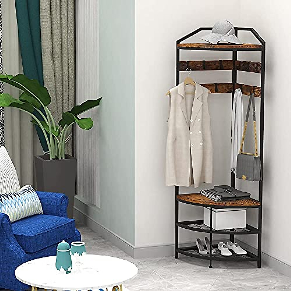 GiftGo Corner Hall Tree with Shoe Bench Entryway Coat Rack with 10 Metal Movable Hooks Freestanding Clothes Rack Shoes Shelf Organizer for Home Office Bedroom (Rustic Brown)