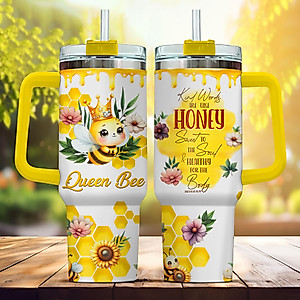 99WHALE Bee Gifts, Cute Queen Bee, Tumbler 40 Oz With Handle Lid And Straw, Yellow Keep Drinks Cold Hot, Yellow Handle Floral For Tumblers Cups Coffee Sunflower Flower Women
