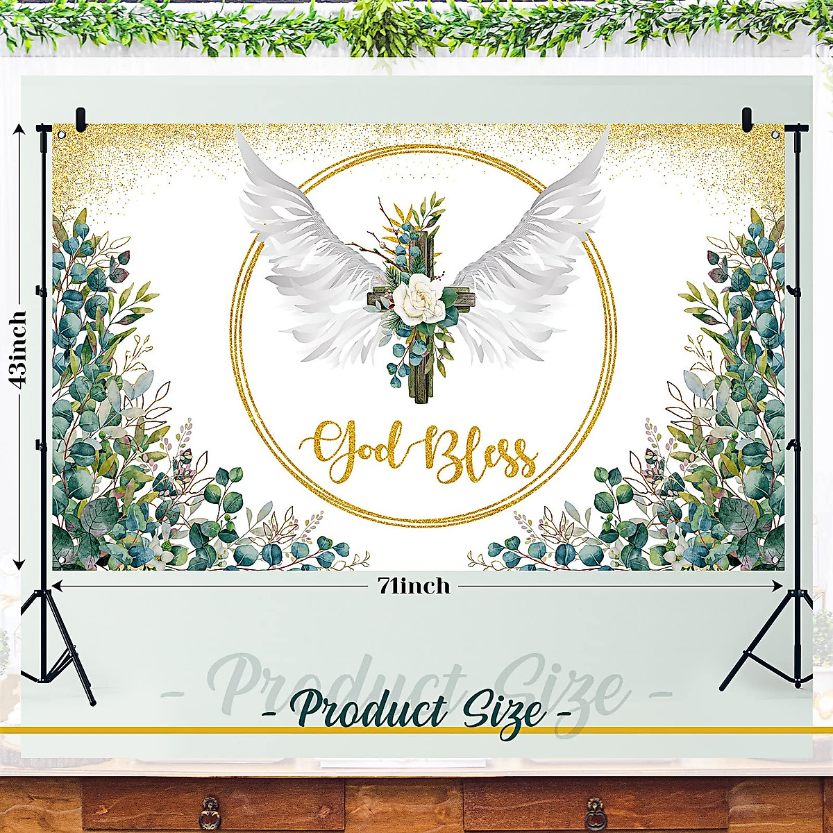 Remagr God Bless Backdrop First Communion Baptism Christening Party Decorations Banner Green Leaves Newborn Baby Shower Photography Background Favors Supplies Photo Booth, 71 x 43 in, One Size
