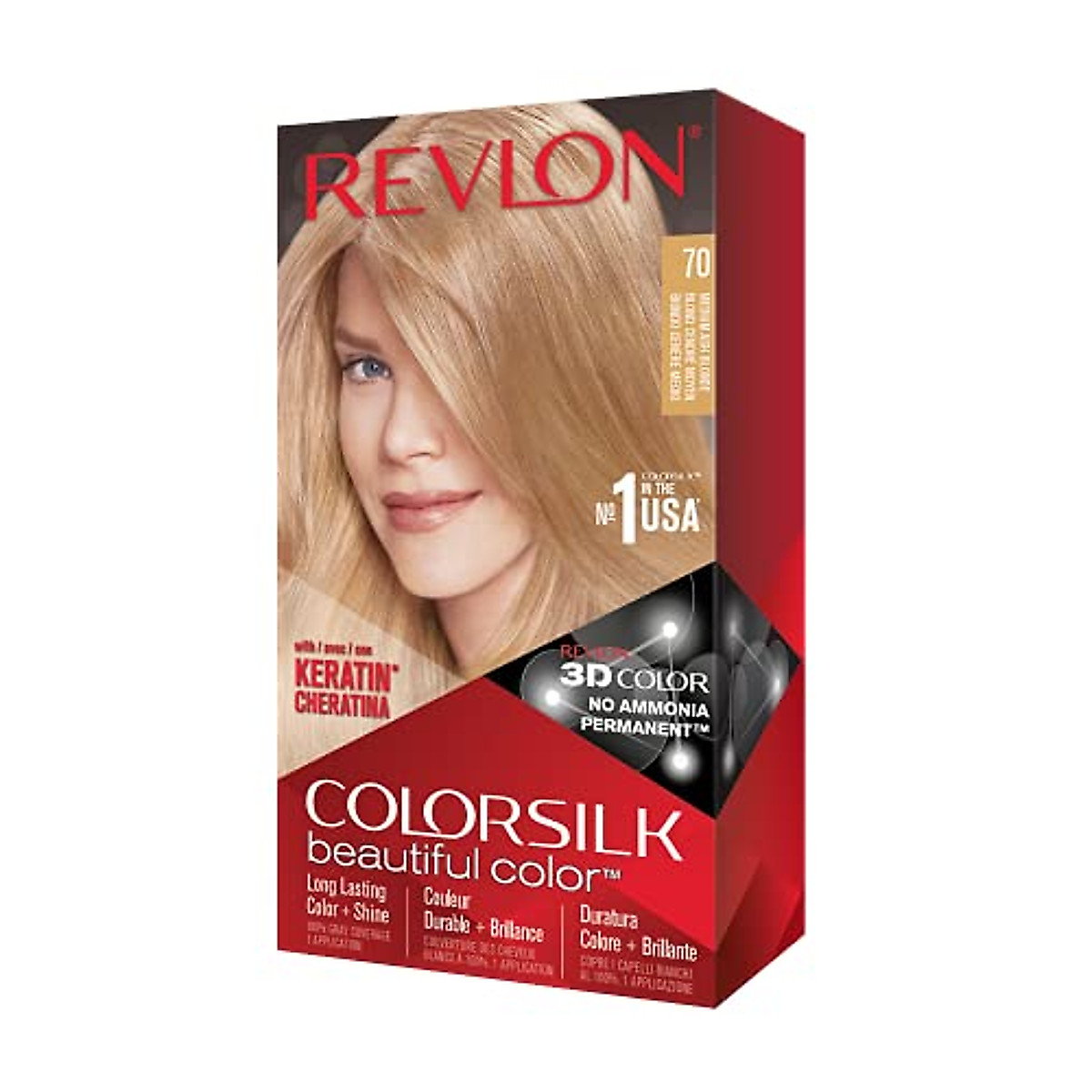 Revlon Permanent Hair Color, Permanent Hair Dye, Colorsilk with 100% Gray Coverage, Ammonia-Free, Keratin and Amino Acids, 70 Medium Ash Blonde, 4.4 Oz (Pack of 1)