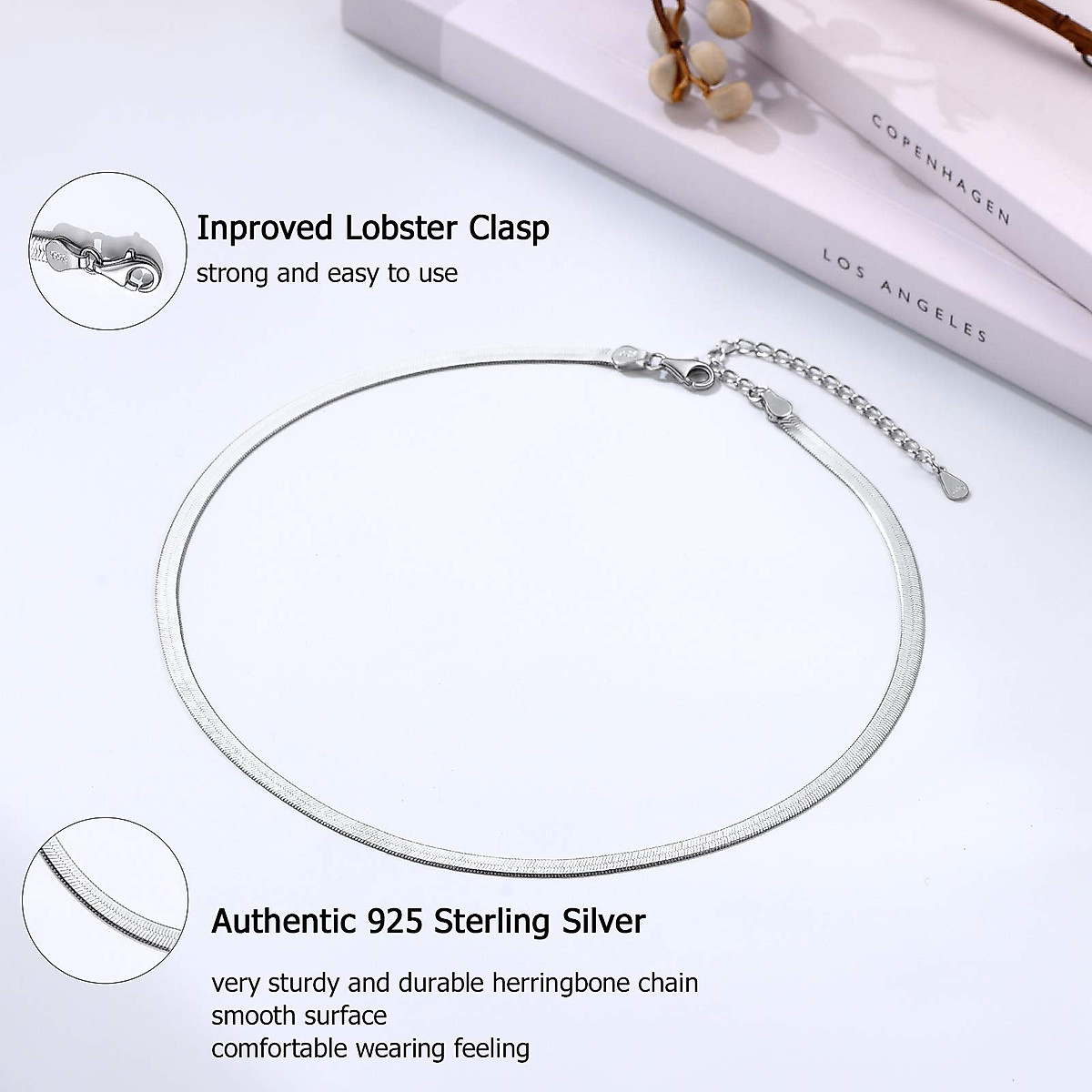 PROSTEEL 925 Sterling Silver Choker Necklace For Women 3mm Flat Chains Dainty 12inch Herringbone Snake Chain Chocker