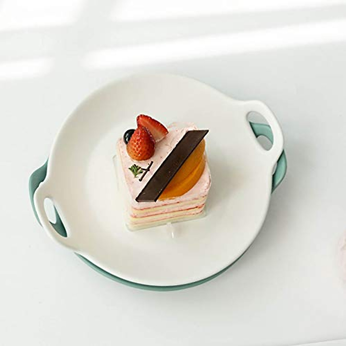 UPKOCH Porcelain Serving Tray Ceramic Dinner Plates 8 Inches with Double Handle Serving Platter Fruit Dessert Plate Cake Dish for Home Kitchen (White)