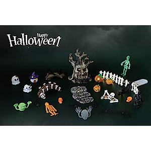 Miniature Halloween Fairy Garden Set - DIY Mini Halloween Garden Accessories Kit Fall Autumn Garden Ornaments Decors String Light Ghost Pumpkin Spiders Witch Skull Halloween Cake Dollhouse Decor