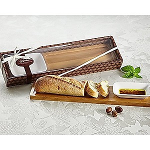 Artisano Designs La Panetteria Board with Dipping Dish Bread EVOO Serving Tray, Packaged Favor Dimensions Approx. 4.5” x 13" x 3.5" (11 x 33 x 9 cm). Bamboo 3.25" x 12.5" x 0.5" (8 x 32 cm x 1.2 cm