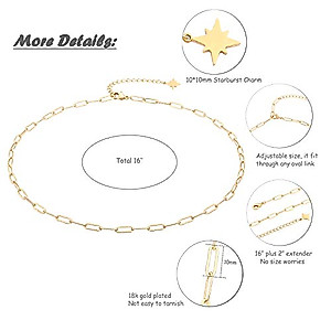 Aobei Pearl 18k Gold Oval Link Chain Choker Paperclip Necklace North Star Charm Short Adjustable Layering Necklace Minimalist Jewelry for Women 16’’