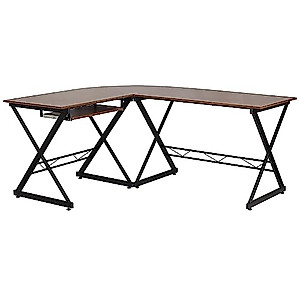 Flash Furniture Singleton Teakwood Laminate L-Shape Computer Desk with Pull-Out Keyboard Tray