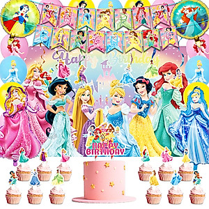 Princess Birthday Decorations - Princess Party Decorations include Banner Backdrop Ballons Cake Cupcake Toppers Haning Swirls, Princess Birthday Party Supplies