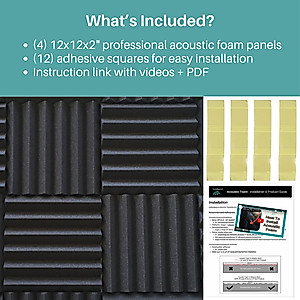 Professional Acoustic Foam Panels - Wedge Style 12x12x2” Tiles - 4 Pack - Studio Foam for Sound Dampening - Soundproofing Foam for Walls and Ceilings (Charcoal Color)
