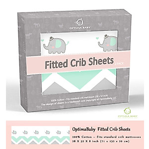 OptimaBaby Elephant Chevron Fitted Crib Sheets, Green, 2 Count