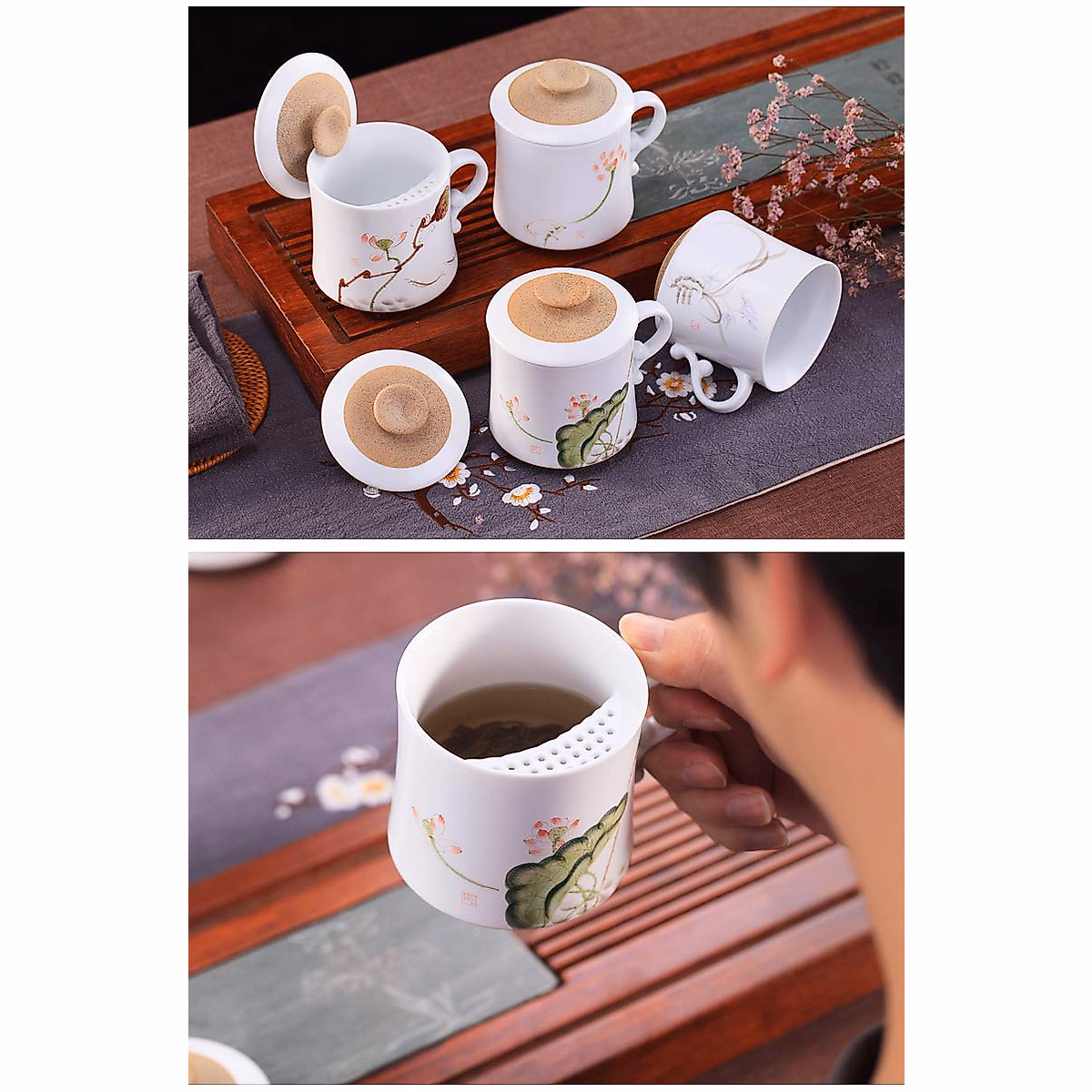 BIFULDYO Tea Cup with Filtering Function, Single Cup Loose Tea Brewing System,Large Capacity 12oz, Chinese Painting Style Pattern,Loose Leaf Iced Blooming or Flowering Tea Filter(Lotus)