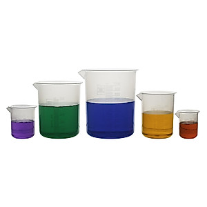 5 Piece Premium Laboratory Plastic Beaker Set, Made of High Clarity Polypropylene with Raised Graduations, 50 mL, 100 mL, 250 mL, 500 mL, and 1000 mL (Autoclavable)