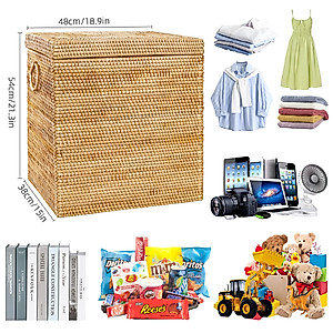 Peslran 19"×15"×21.3" Rattan Laundry Basket With Handle, Rattan Laundry Hamper With Liner Bag, Rectangle Wicker Large Hampers For Organizing Clothes Kids Toys Books