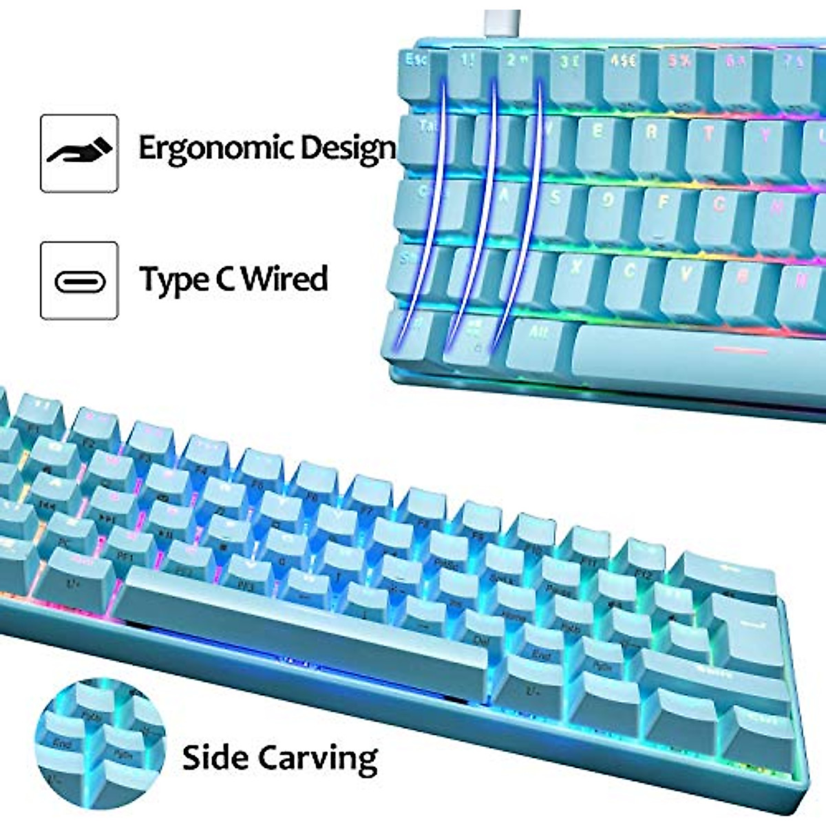 ZIYOU LANG MK21 Portable 60% Mechanical Gaming Keyboard Untra-Compact Type-c Wired with Light Up Chroma LED Backlit Non-Conflict 61 Key TKL Ergonomic for PS4 PS5 PC Mac Windows(Blue/Blue Switch)