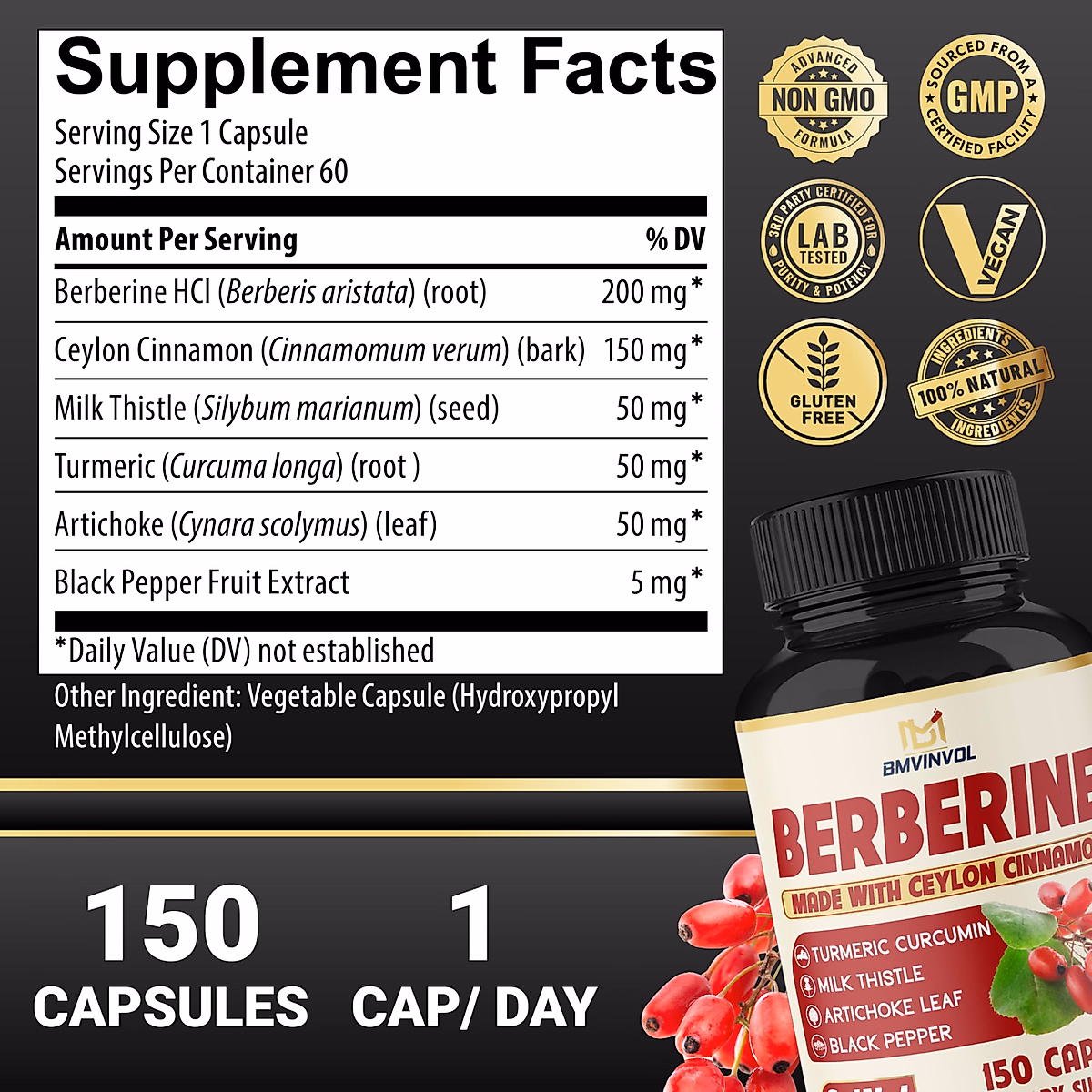 Berberine with Ceylon Cinnamon, Turmeric, Milk Thistle, Artichoke, Black Pepper - 150 Count - Pack of 1