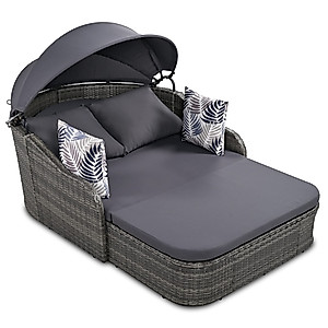 Outdoor Sunbed with Retractable Canopy, Rattan Wicker Patio Daybed with Washable Cushions and Pillows, Chaise Chair Sunbed for Garden Poolside Backyard, Gray Wicker