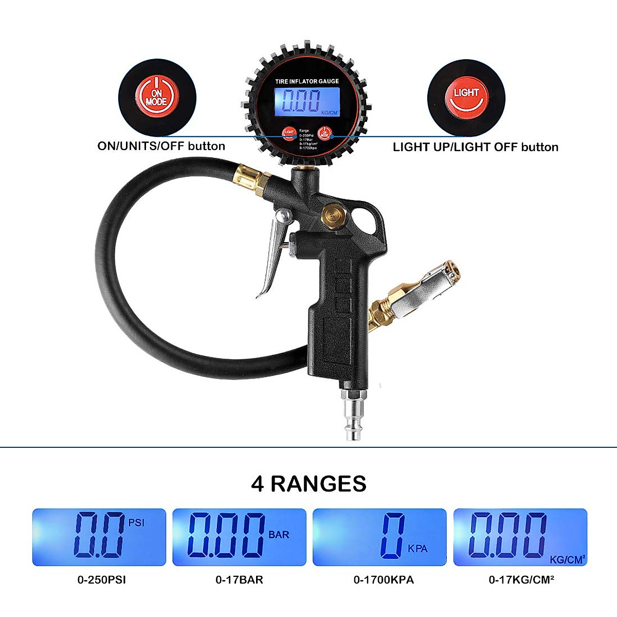 CZC AUTO Digital Tire Inflator Pressure Gauge, LED Display Tyre Deflator Gage with Straight Brass Lock-on Chuck Rubber Hose, Compatible with Air Pump Compressor for Truck Bus RV Car Motorcycle Bike