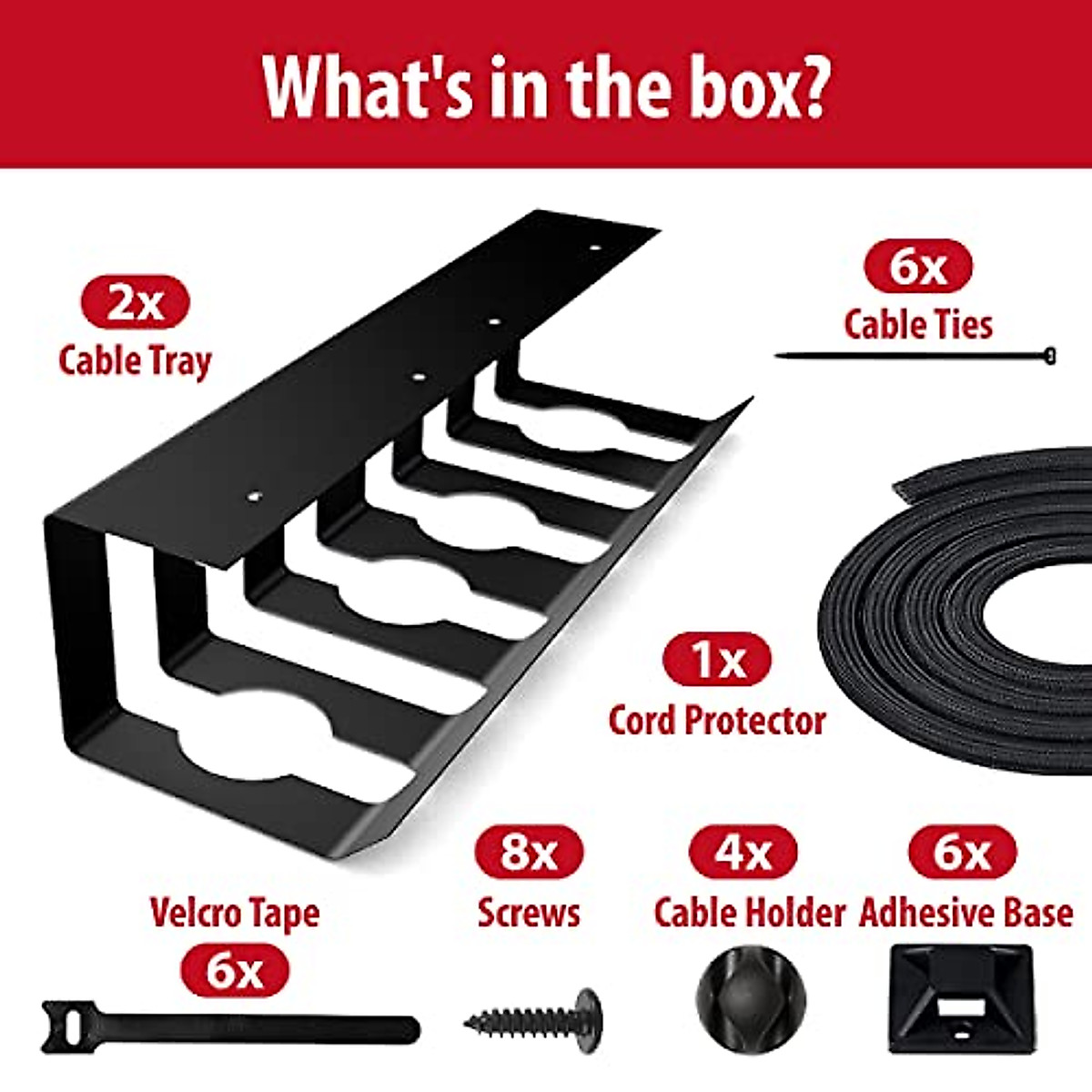 OASHISU 2Pack Under Desk Cable Management Tray in Steel with Cord Management Organizer Kit Cable Sleeves Cable Clips Holder Self Adhesive Tie Fastening Cable Ties for Office & Home Black Cable Raceway