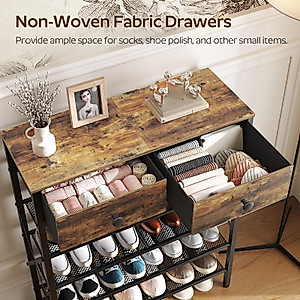 YATINEY 5 Tier Shoe Rack, Large Capacity Shoe Storage Organizer, Metal Shoe Shelf with Drawer and Wooden Top, for 16 Pairs of Shoes, for Entryway, Closet, Rustic Brown and Black SS25BR