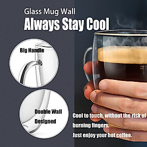 PunPun Bundle: 17oz Large Clear Coffee Mugs (Set of 2) & 8.5oz Shot Glass Coffee Cups (Set of 2) & 2.7oz Tea Cups (Set of 4) Double Wall Designed Glass Cups