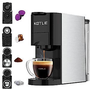 KOTLIE 4in1 Espresso Machine,Customize Volume Settings,Single Serve Coffee Maker for Nespresso original/K cups/L'OR/Ground Coffee/illy Coffee ESE,19Bar Espresso Maker,1450W Coffee Machine