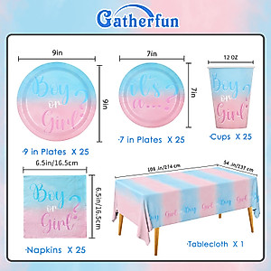 Baby Gender Reveal Party Supplies, Boy or Girl Disposable Paper Plates Napkins Cups Tablecloth for Baby Shower Decorations, Serve 25