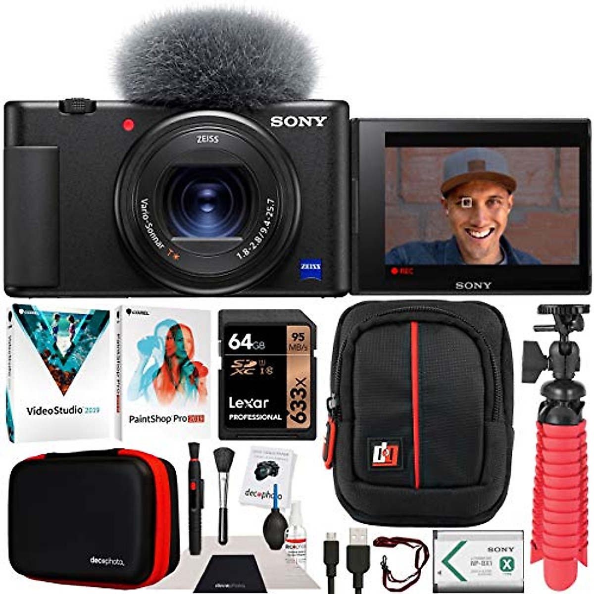 Sony ZV-1 Compact Digital Vlogging 4K HDR Video Camera for Content Creators & Vloggers DCZV1/B Bundle with Deco Gear Case + Software Kit + 64GB Card + Compact Tripod/Handheld Grip and Accessories
