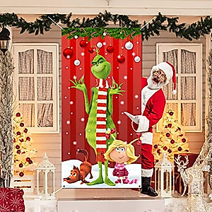 Grinch Christmas Decorations The Grinch Door Cover Red Backdrop Funny Xmas Hanging Banners Merry Christmas Porch Sign for Indoor Outside Front Door Party Supplies