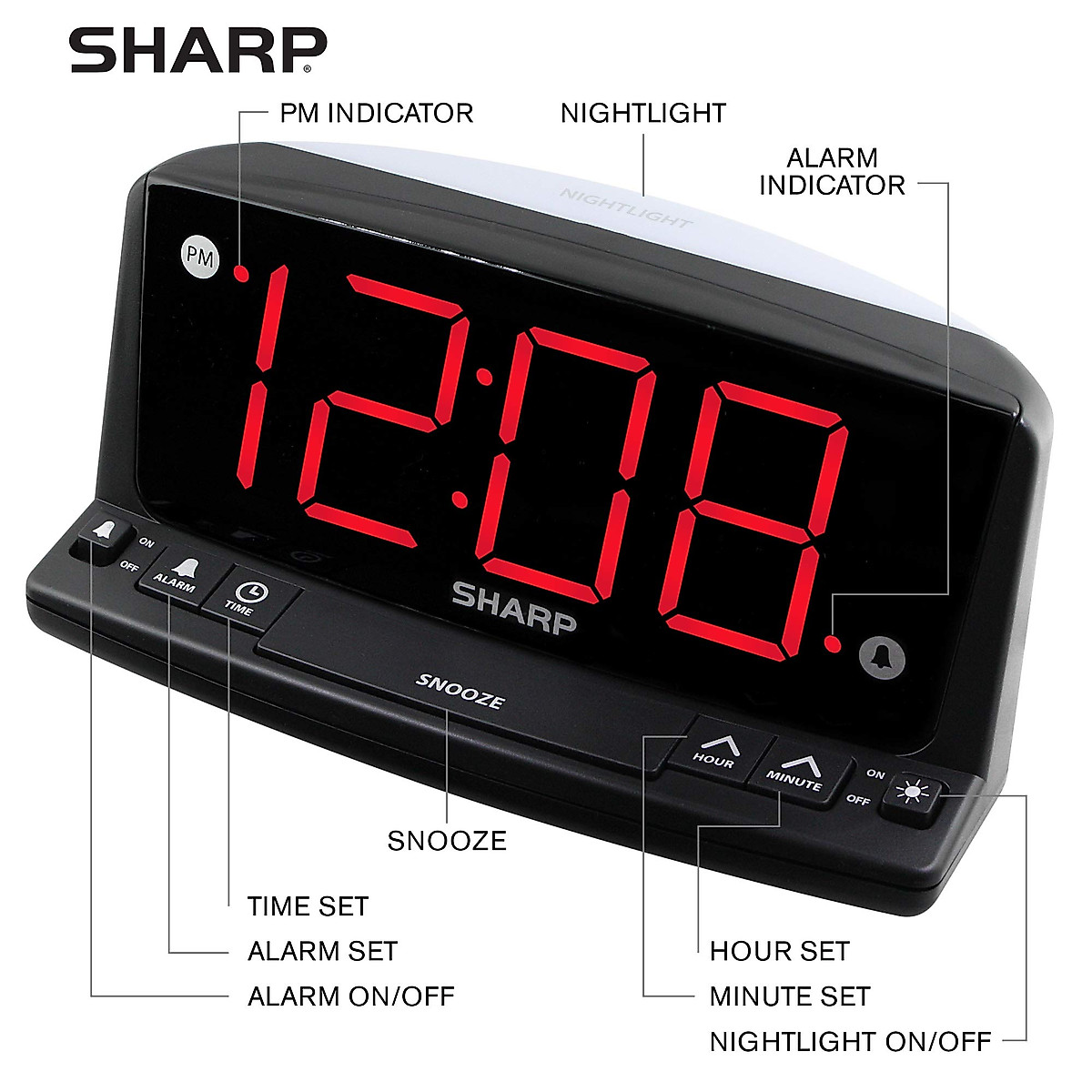 SHARP LED Digital Alarm Clock – Simple Operation - Easy to See Large Numbers, Built in Night Light, Loud Beep Alarm with Snooze, Bright Big Red Digit Display