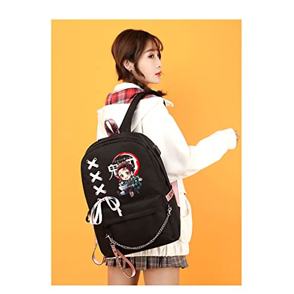 LOVEYANGAG Anime Backpack Kawaii Colleage Bookbag School Bag Casual Daypack Mochila with USB Charging Port (Kamado Tanjirou)