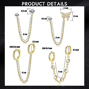 THUNARAZ 4 Pairs Trendy Chain Earrings for Women 14K Gold Plated Double Piercing Butterfly Dangle Hoop Earrings Sparkled CZ Chain Hoop Cartilage Studs Earrings Set