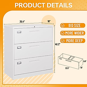Lateral File Cabinet with Lock, 3 Drawer Lateral Filing Cabinet, Metal Lateral File Cabinet for Home and Office, Metal Storage File Cabinet for Hanging Files Letter/Legal/F4/A4 Size