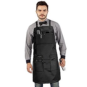 Under NY Sky Barber Black Apron - Leather Straps, Pockets, Reinforcements - Crossback - Coated Black Twill, Tool Pockets, Split-Leg – Adjustable for Men, Women – Barista, Bartender, Hairstylist, Salon