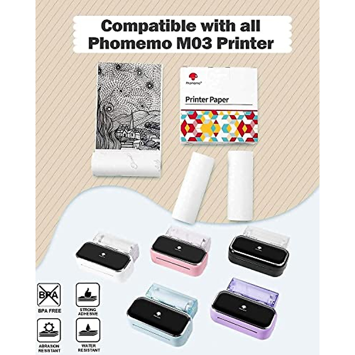 Phomemo M03 Pocket Printer- Portable Printer Photo Printer with 3 Roll 3 Inch Black on White, 77mm x 3.5m, 3 Inch X 11.5 ft, Compatible with iOS + Android for Photos, Journalist, Work, Plan-(Purple)
