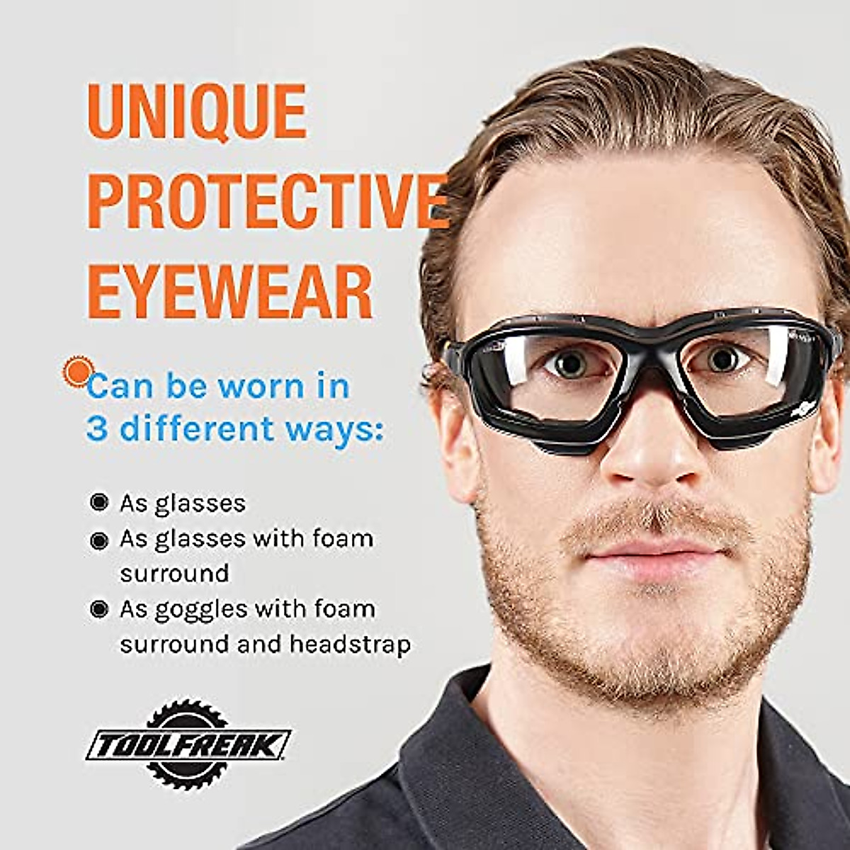 ToolFreak Spoggles - Clear Lens With Hard Case - Safety Glasses & Protective Goggles - Polycarbonate Lens, ANSI Z87 Rated - Foam Padded, Removable Legs, Headstrap, Hard Case & Cloth