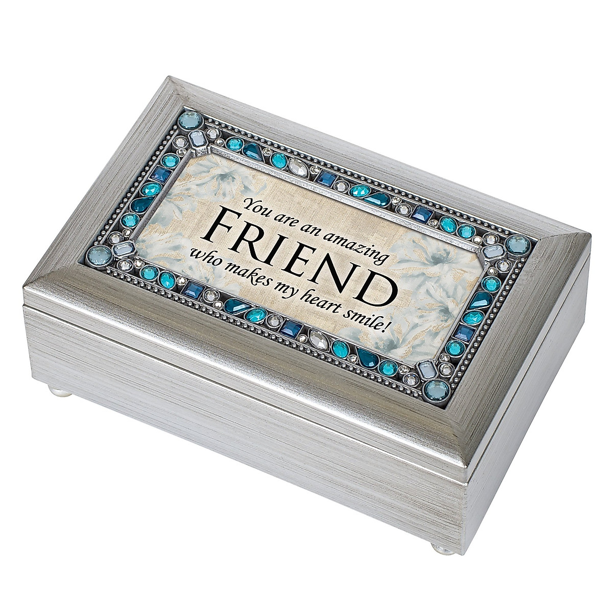 Cottage Garden Amazing Friend Makes Heart Smile Blue Jeweled Silver Tone Petite Music Box Plays Edelweiss